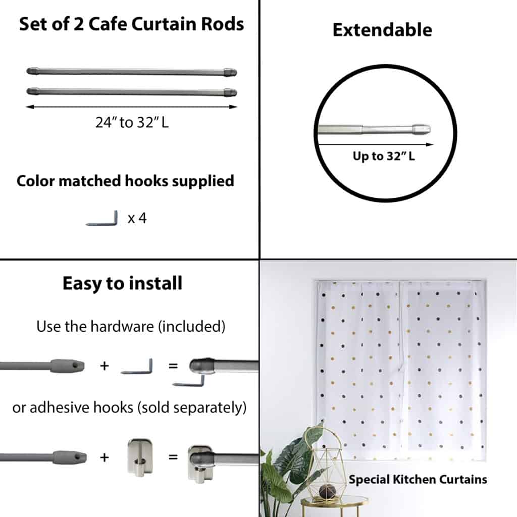 Small Cafe Curtain Rod Adjustable 12" to 16" Set of 2 Chrome