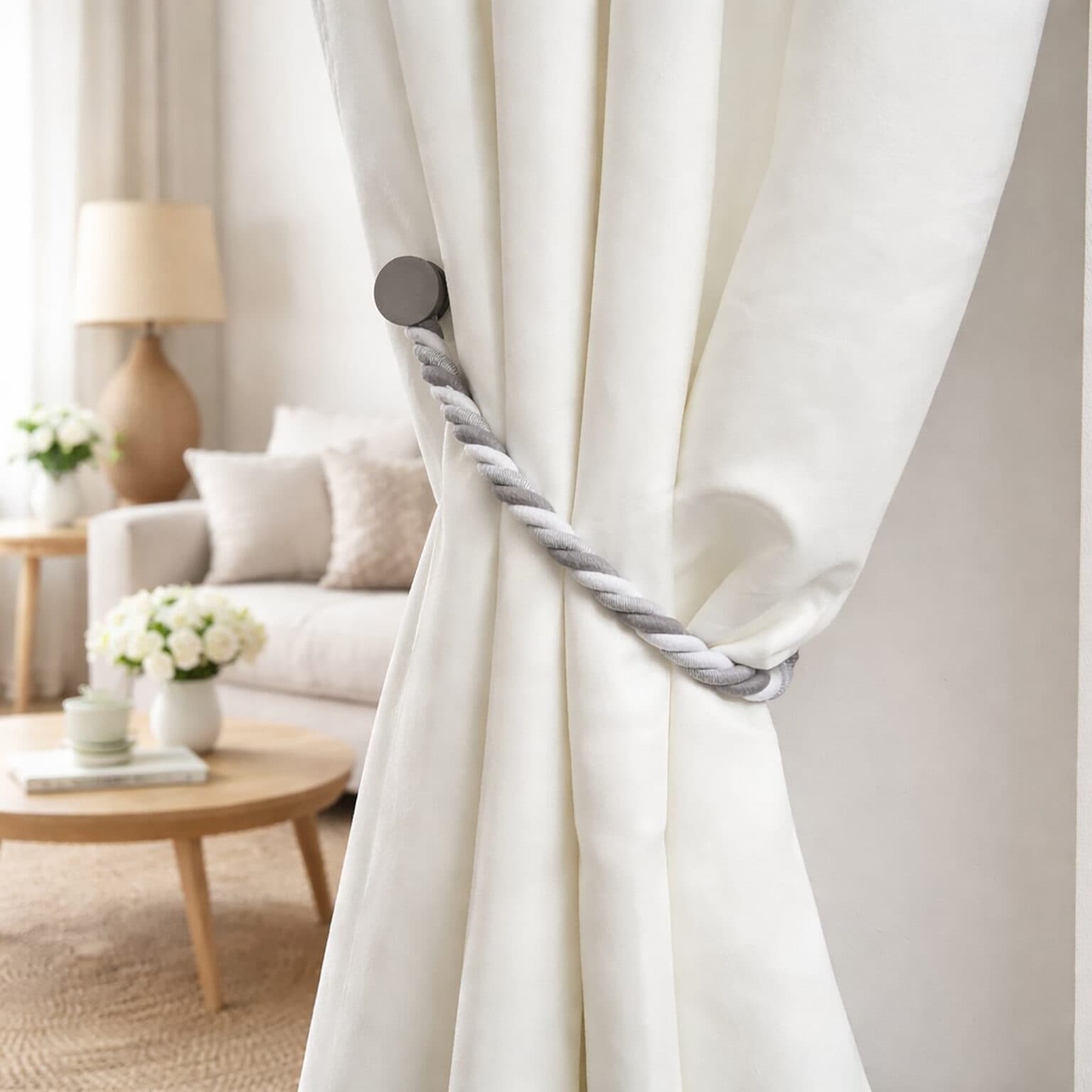 Magnetic Braided Cord Curtain Tieback Gray | Evideco